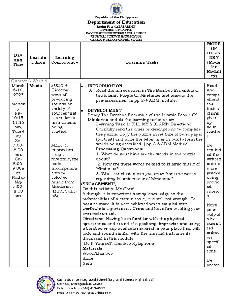 MAPEH 7 Weekly Learning Plan Q3W4 | PDF