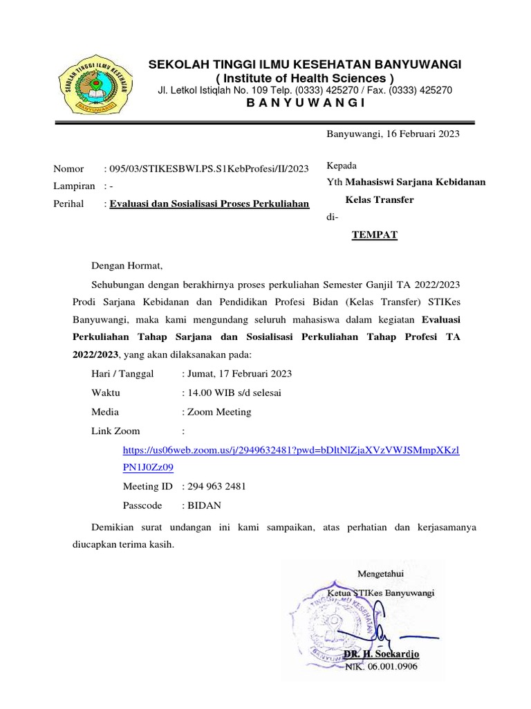 Surat Undangan Evaluasi Dan Sosialisasi - Mahasiswa | PDF