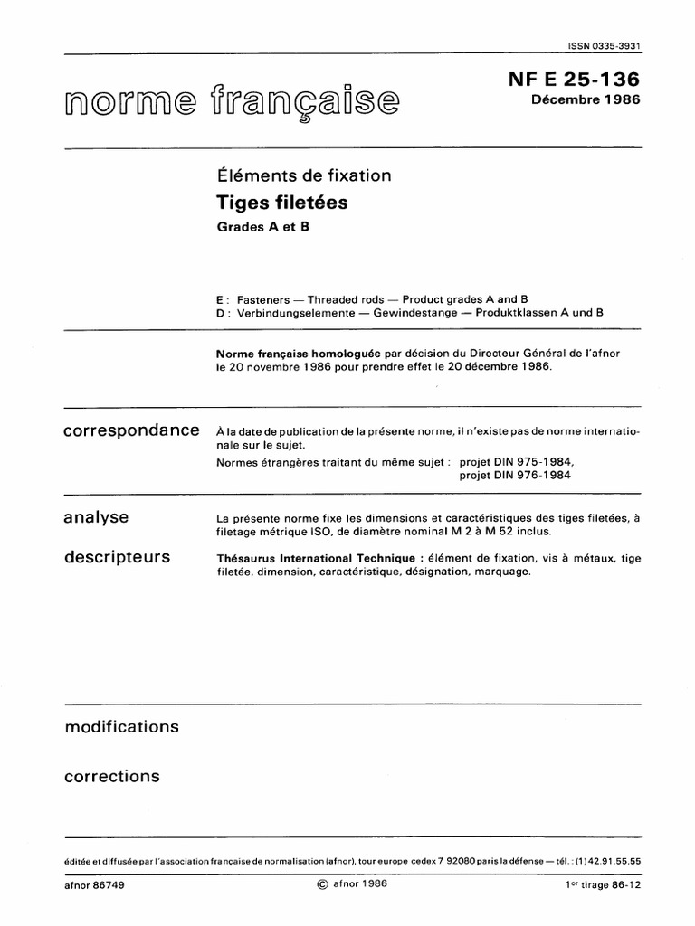 Tiges Filetées NF E 25-136 PDF | PDF