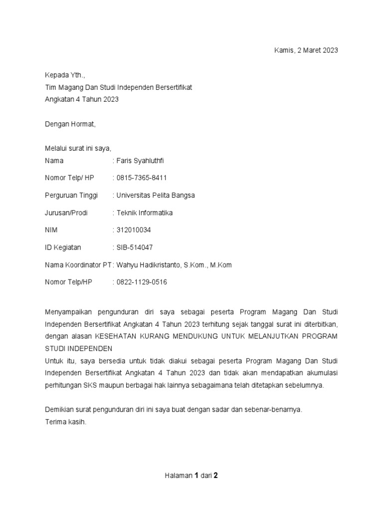 (Format) Surat Pengunduran Diri Mahasiswa MSIB | PDF