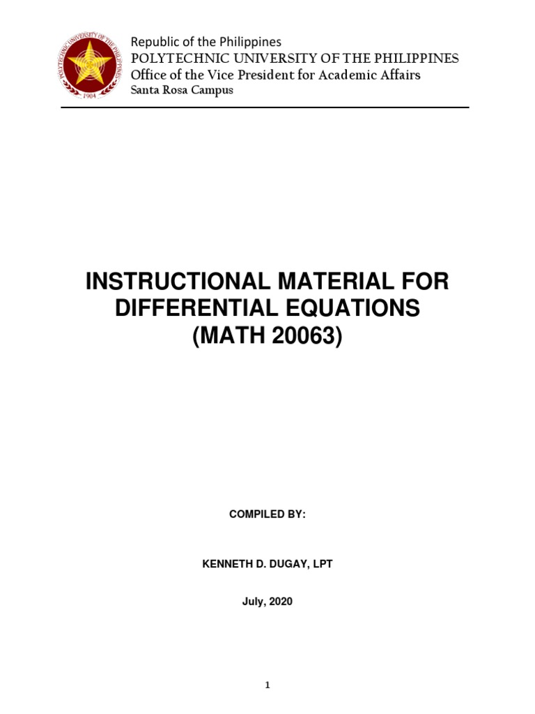 Instructional Material For MATH20063 Differential Equations 1 | PDF | Equations | Differential ...