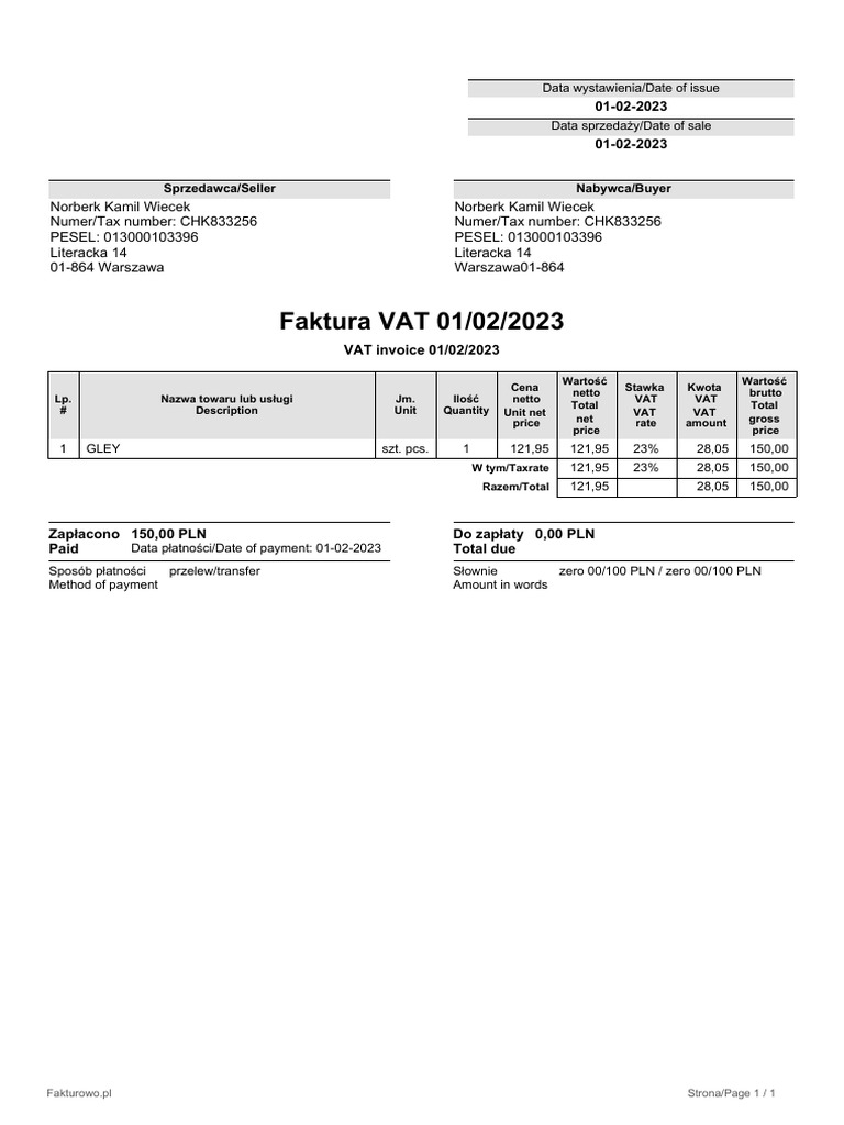 Faktura Vat 01 02 2023 | PDF