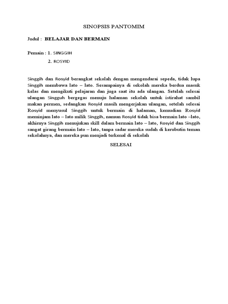 SINOPSIS PANTOMIM SDN 1 Sumberejo.docx | PDF