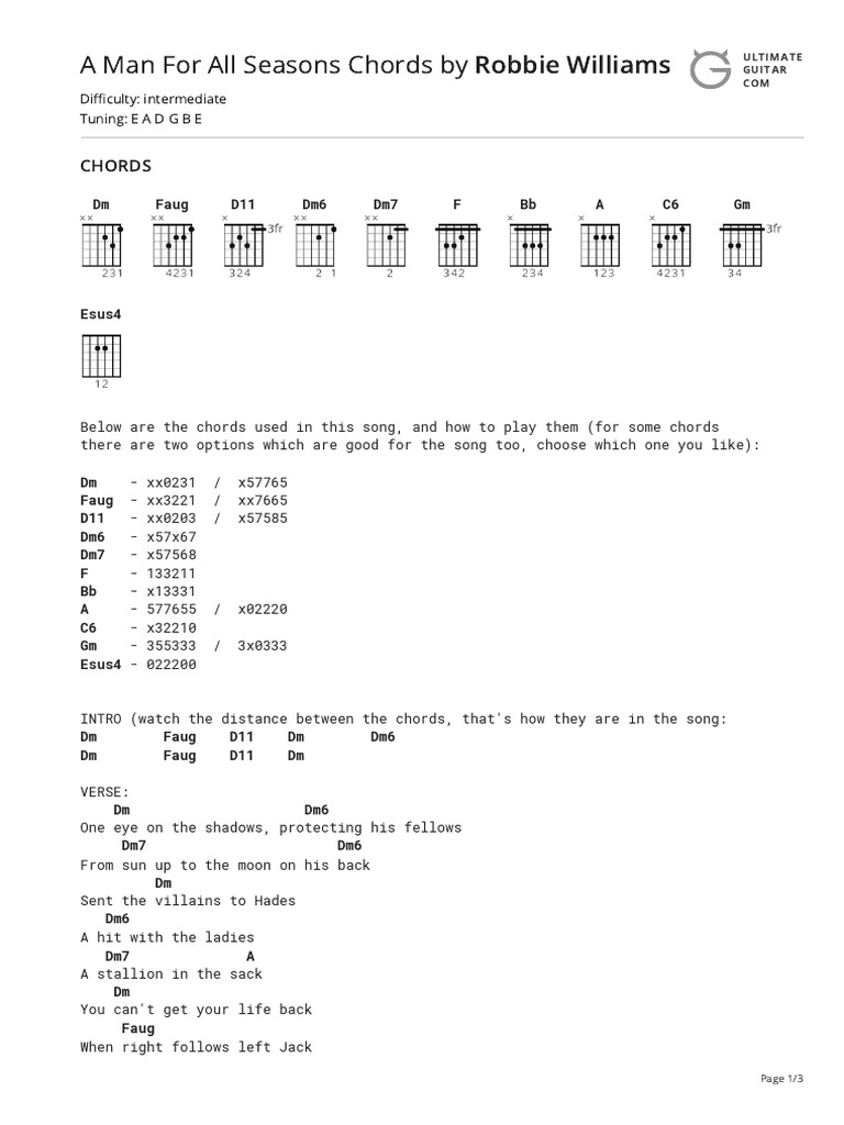 A Man For All Seasons Chords by Robbie Williamstabs at Ultimate Guitar ...