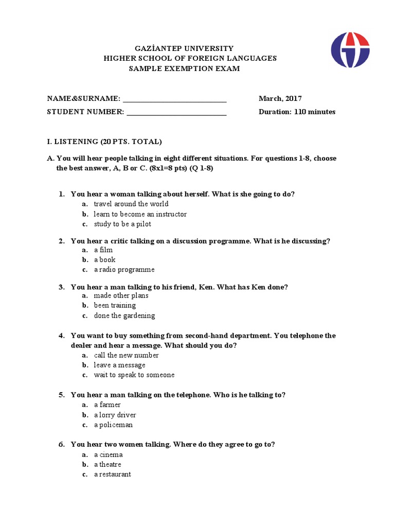 Sample Exemption Exam Gaziantep University | PDF | Essays | Nursing