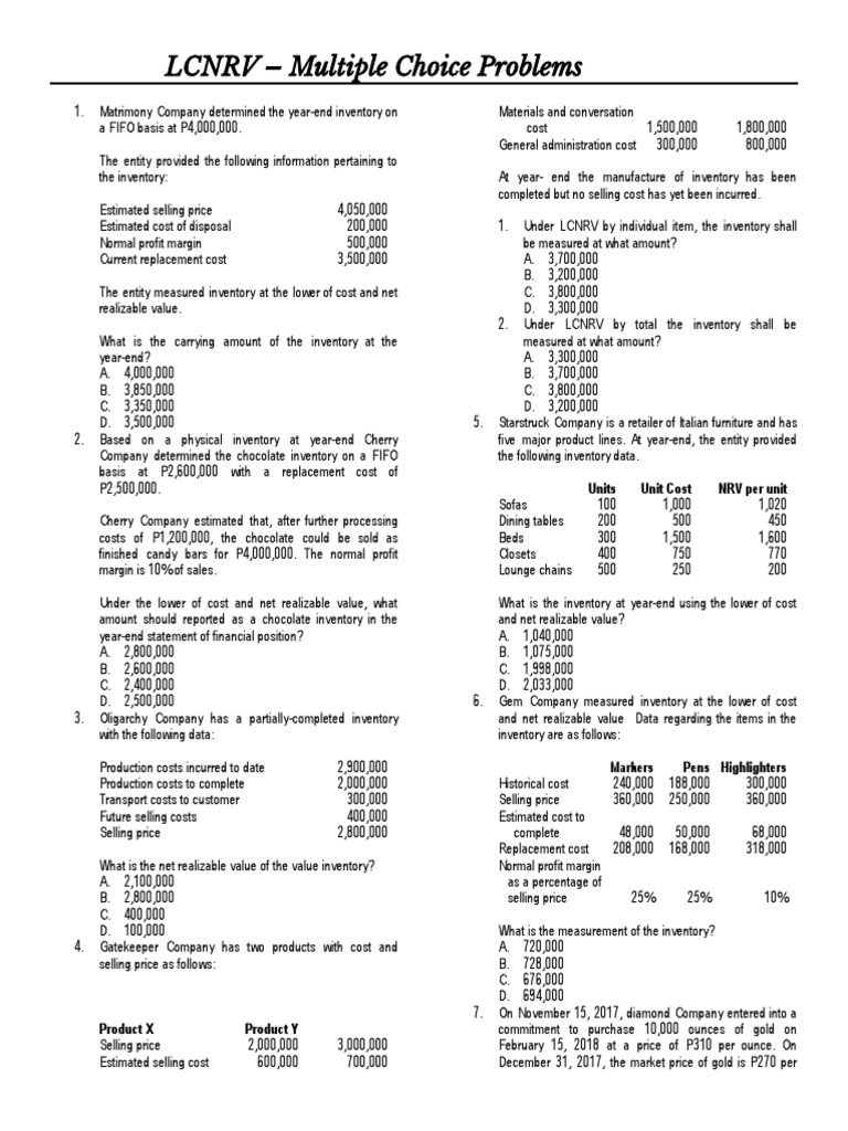 C - 12 LCNRV - Multiple Choice Problem-1 PDF | PDF | Prices | Cost
