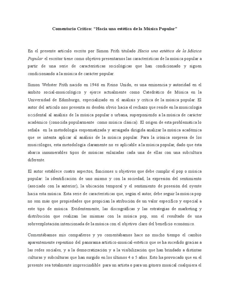 Comentario Crítico_ “Hacia una estética de la Música Popular” (1) (1 ...