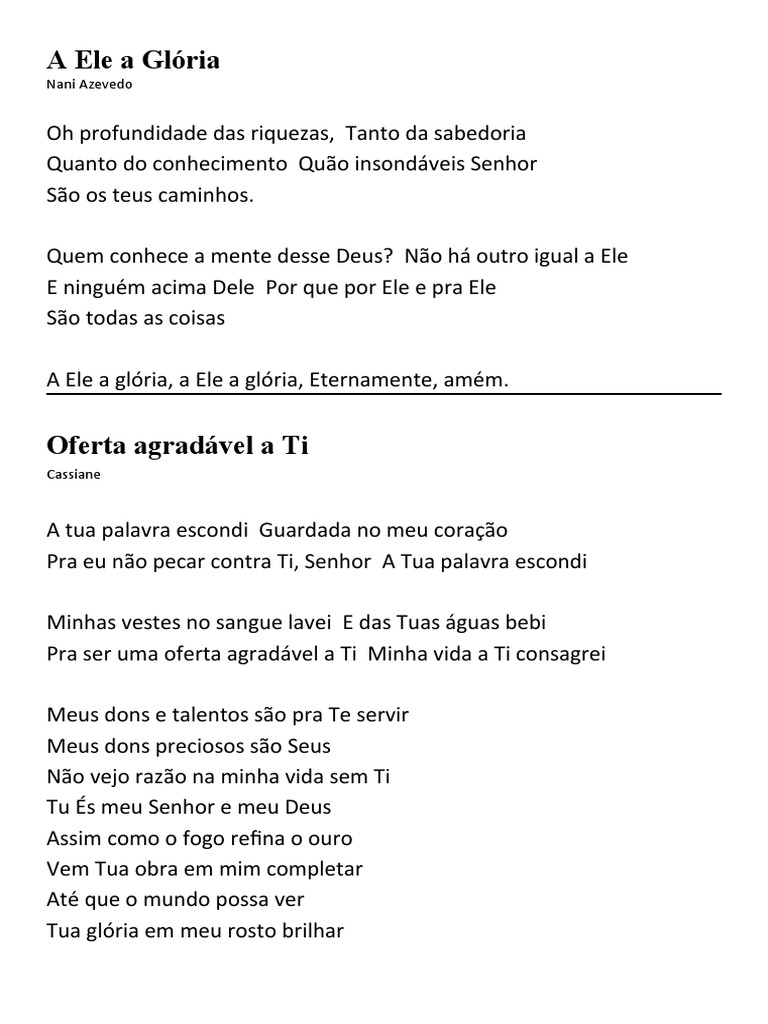 A Ele a Glória - oferta agradavel - letra.docx | PDF
