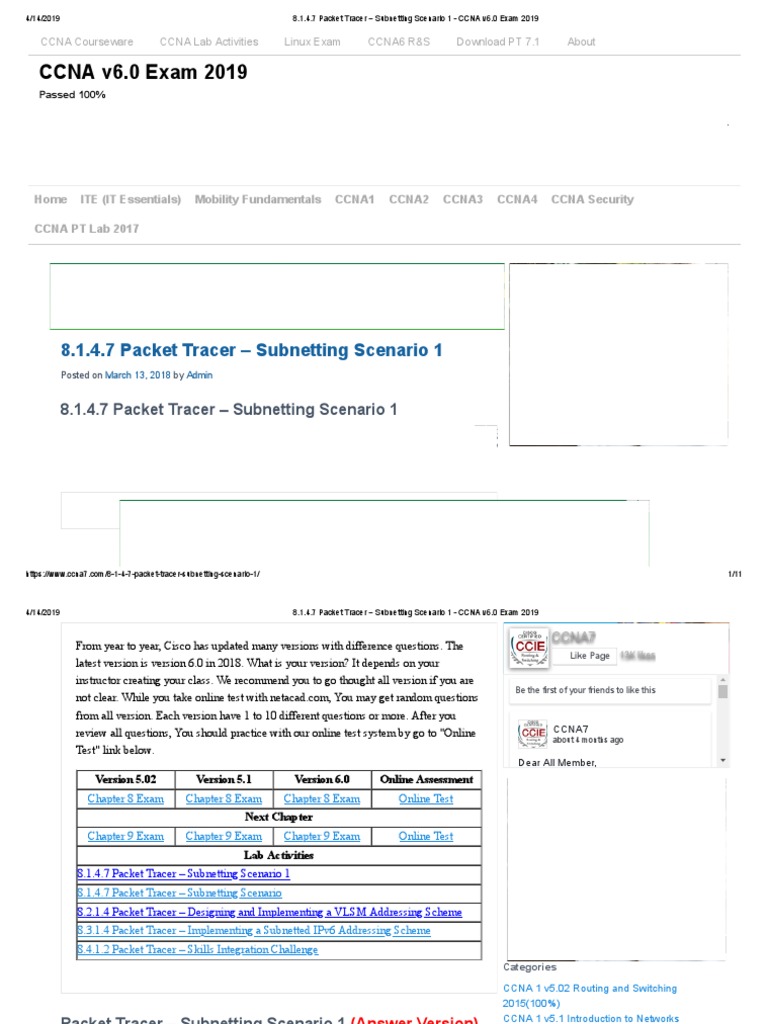 8.1.4.7 Packet Tracer - Subnetting Scenario 1 - CCNA v6.0 Exam 2019 PDF | PDF | Cisco ...