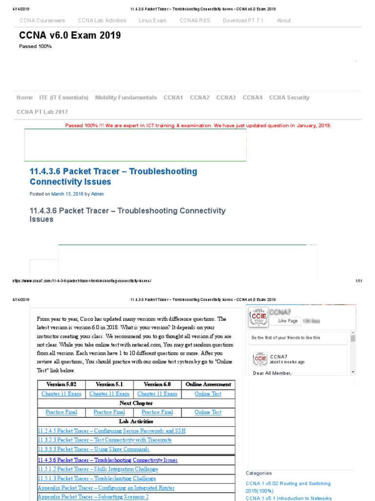 11.4.3.6 Packet Tracer - Troubleshooting Connectivity Issues - CCNA v6.0 Exam 2019 PDF | PDF ...