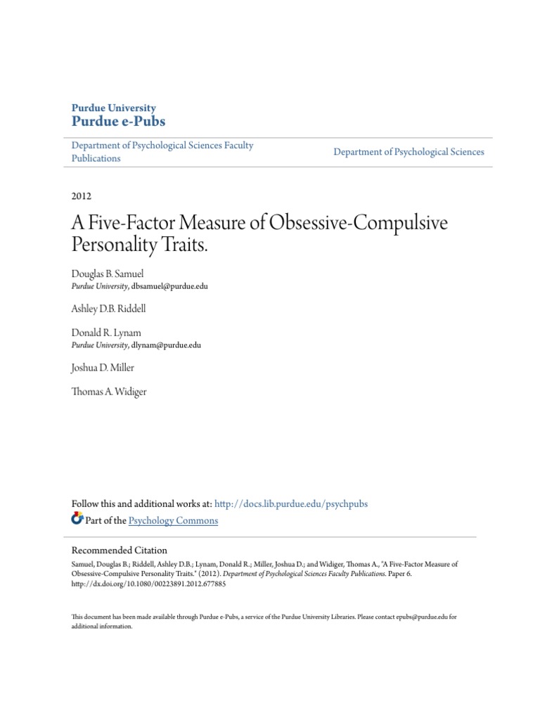 A Five-Factor Measure of Obsessive-Compulsive Personality Traits PDF ...