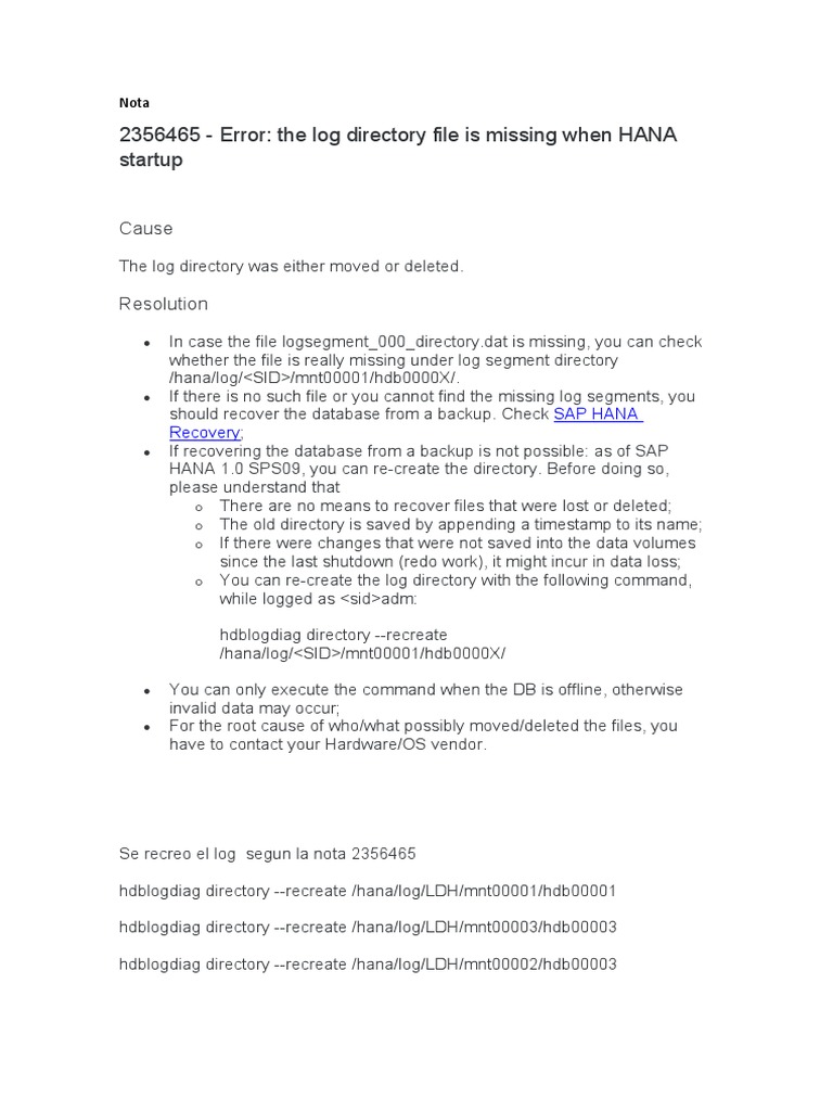 SAP HANA Log Directory Recovery Steps | PDF