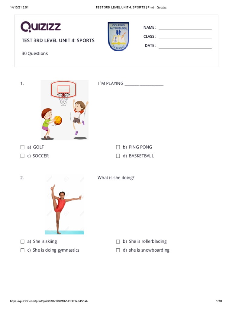 TEST 3RD LEVEL UNIT 4 - SPORTS - Print - Quizizz | PDF | Athletic ...