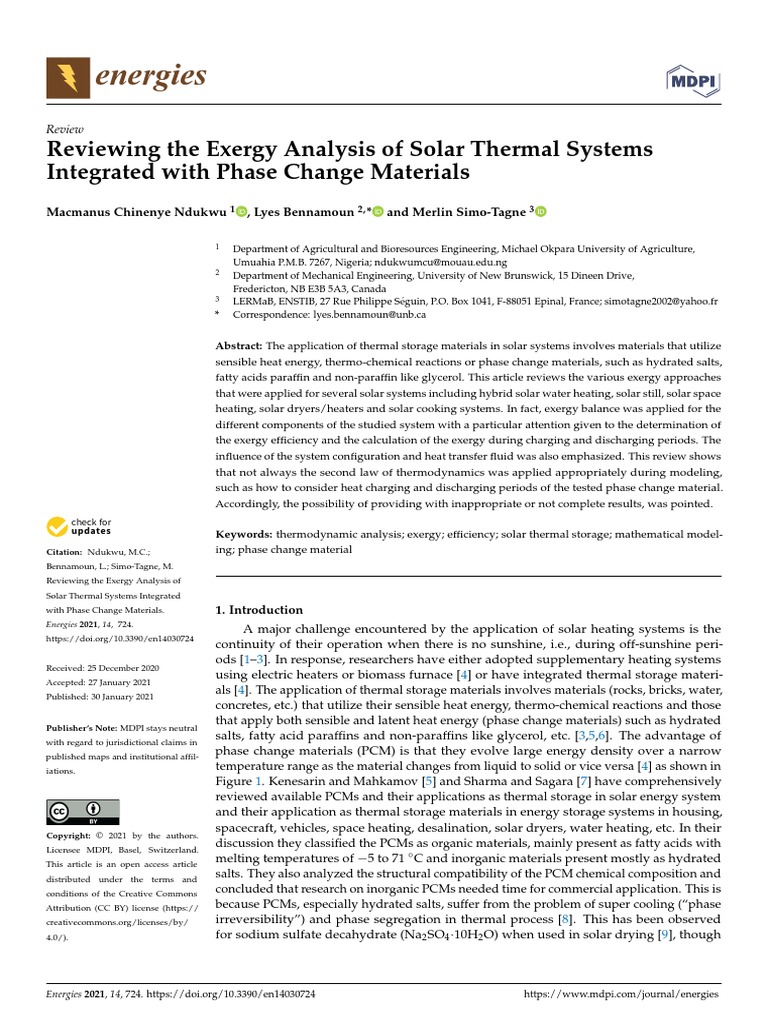 Reviewing The Exergy Analysis of Solar Thermal Systems Integrated With Phase Change Materials ...