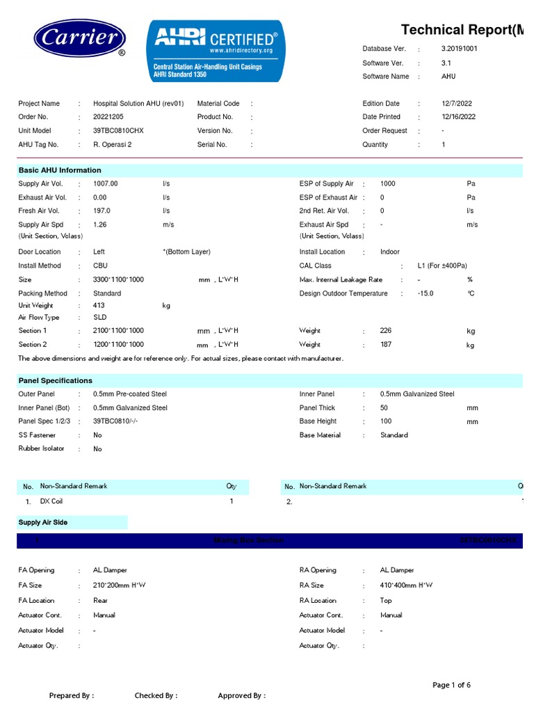 Technical Data AHU | PDF | Door | Mechanical Engineering