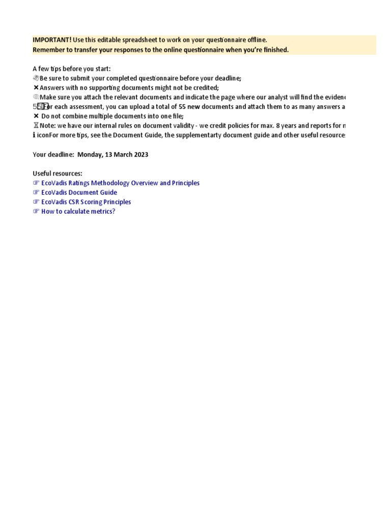 Ecovadis Assessment Questionnaire Pdf Employment Efficient Energy Use