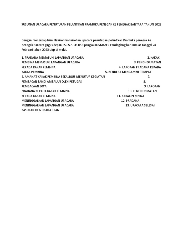 Susunan Upacara Penutupan Pelantikan Pramuka Penegak Ke Penegak Bantara ...