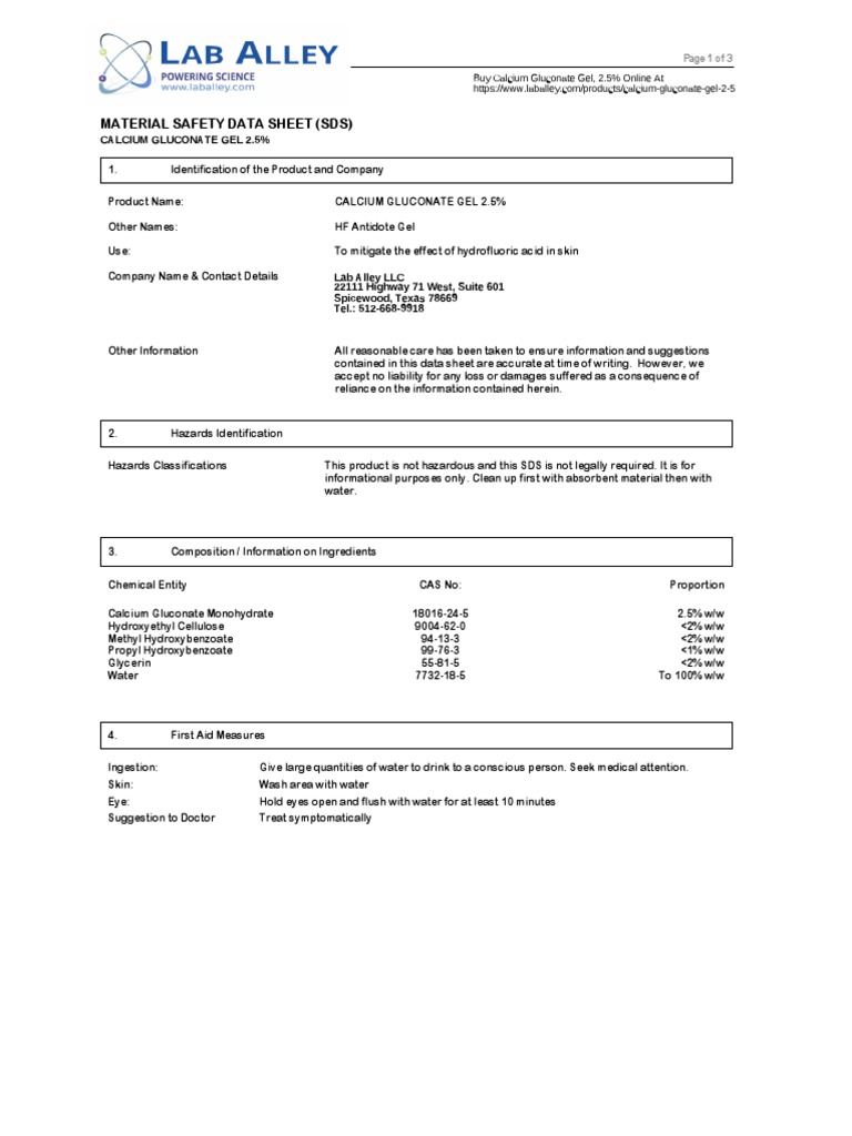 Calcium Gluconate Gel Safety Data Sheet SDS | PDF | Water | Waste ...