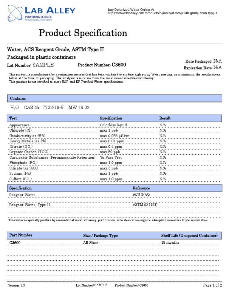 Water ACS Reagent Grade ASTM Type II Safety Data Sheet SDS | PDF | Purified Water | Total ...