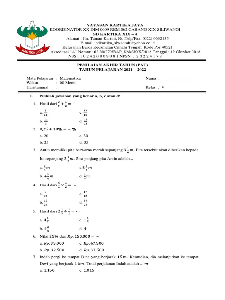 Soal PAS Matematika Kelas 5 | PDF
