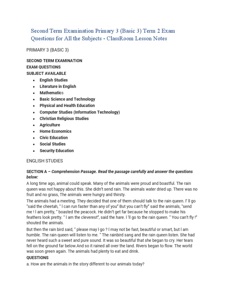 Second Term Examination Primary 3 (Basic 3) Term 2 Exam Questions For All The Subjects ...