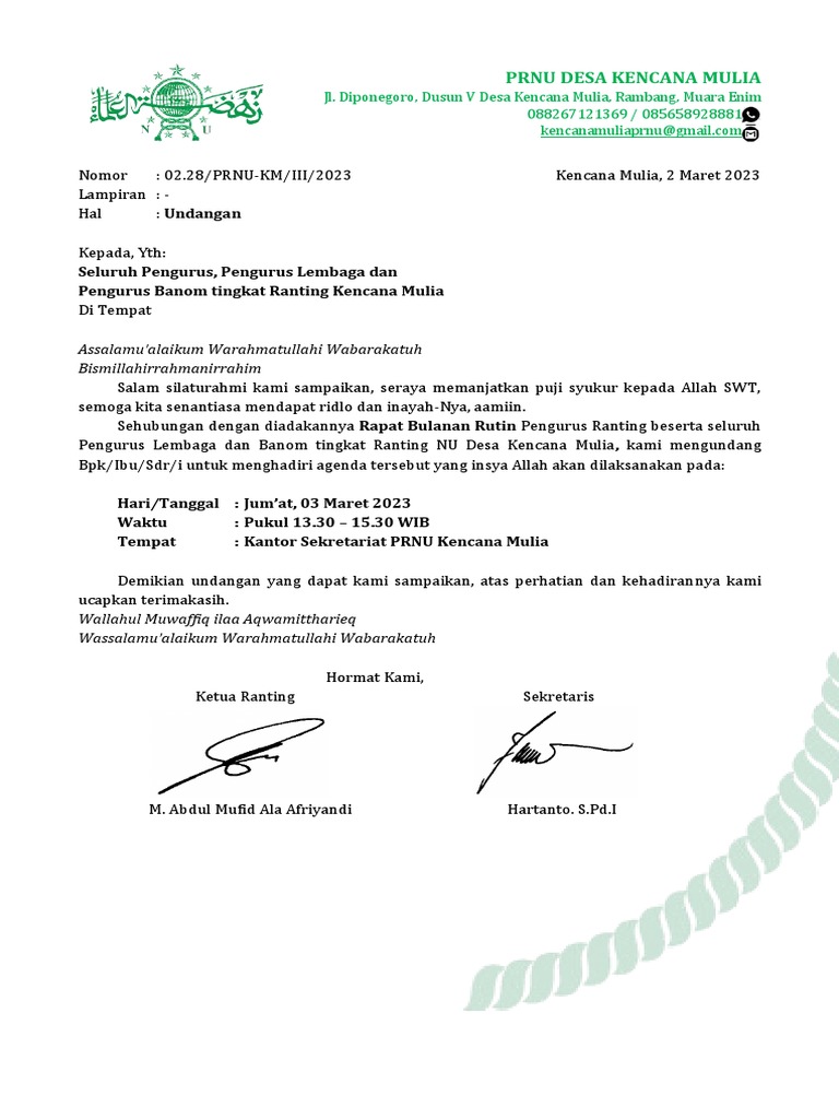 UNDANGAN BULANAN PENGURUS RANTING NU FORMAT BARU | PDF