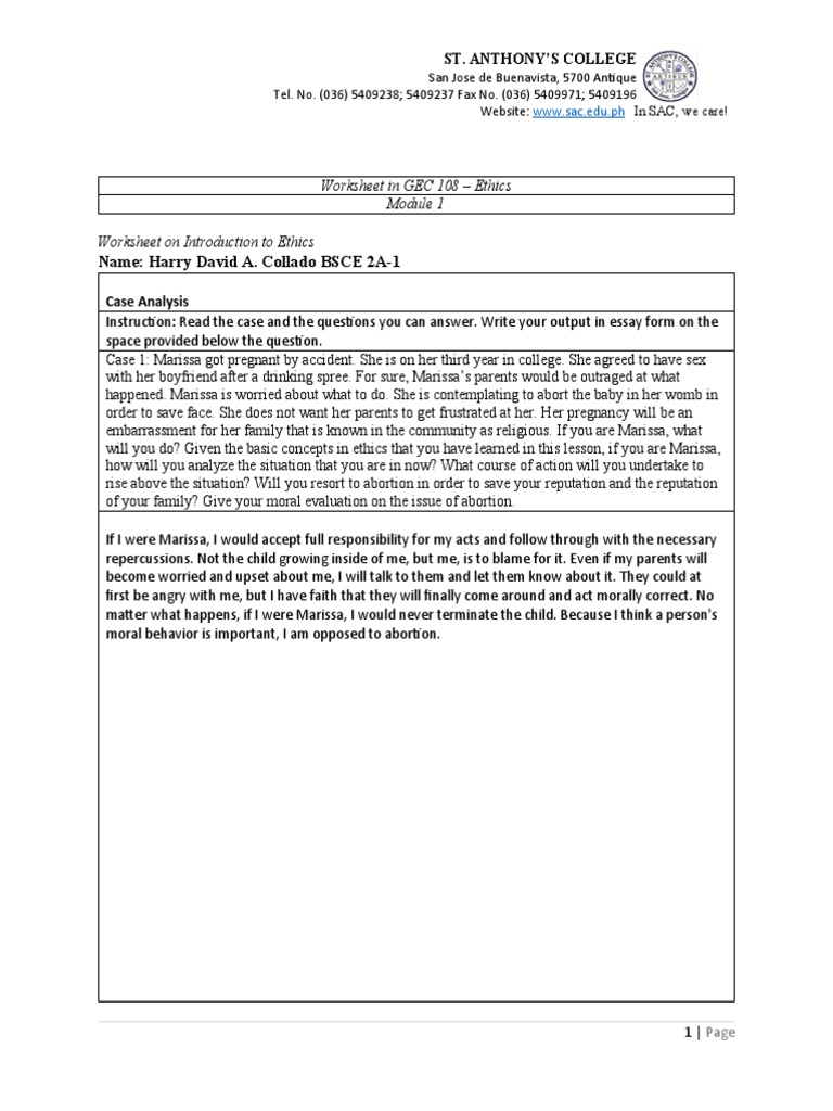 St. Anthony's College Ethics Worksheet on Abortion | PDF | Social ...