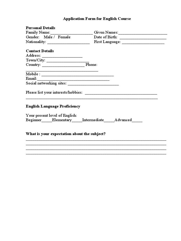 English Course Application Form | PDF | Career & Growth | Social Science