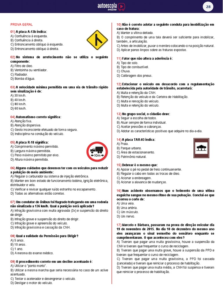 28 - Prova Geral PDF | PDF | Carteira de Motorista | Transporte