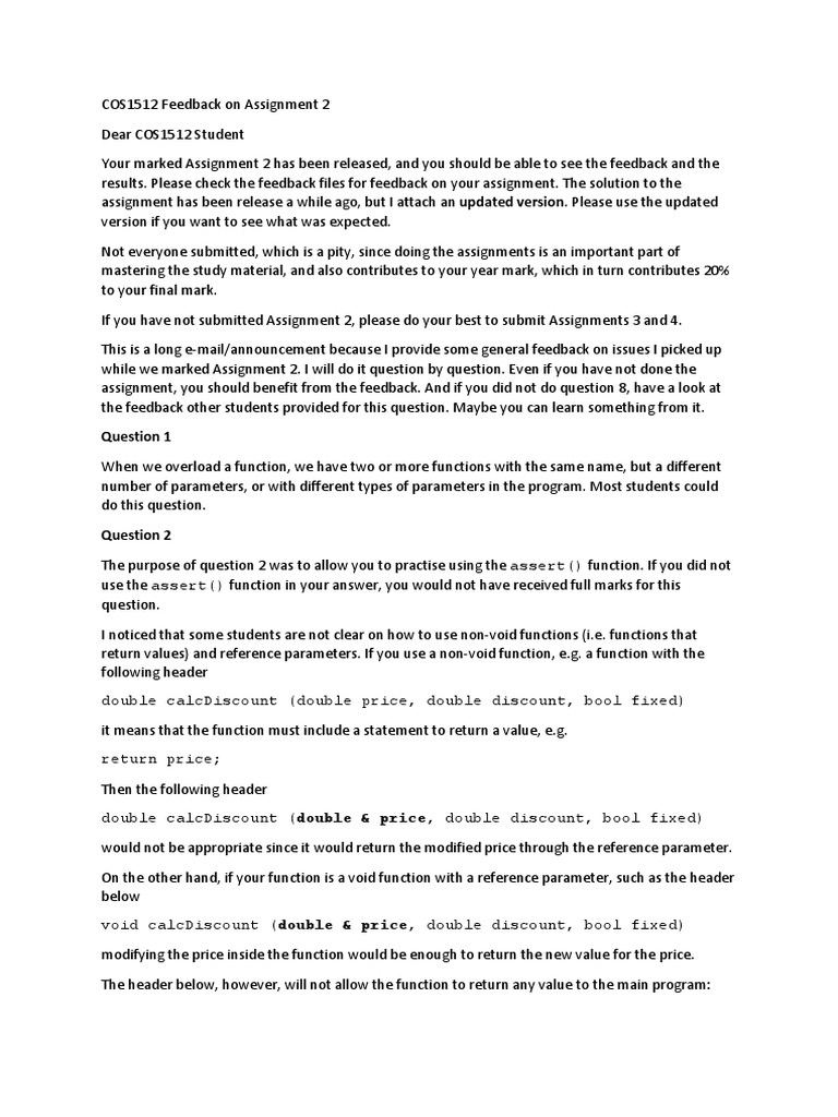 COS1512 Feedback On Assignment 2 | PDF | Pointer (Computer Programming) | String (Computer Science)