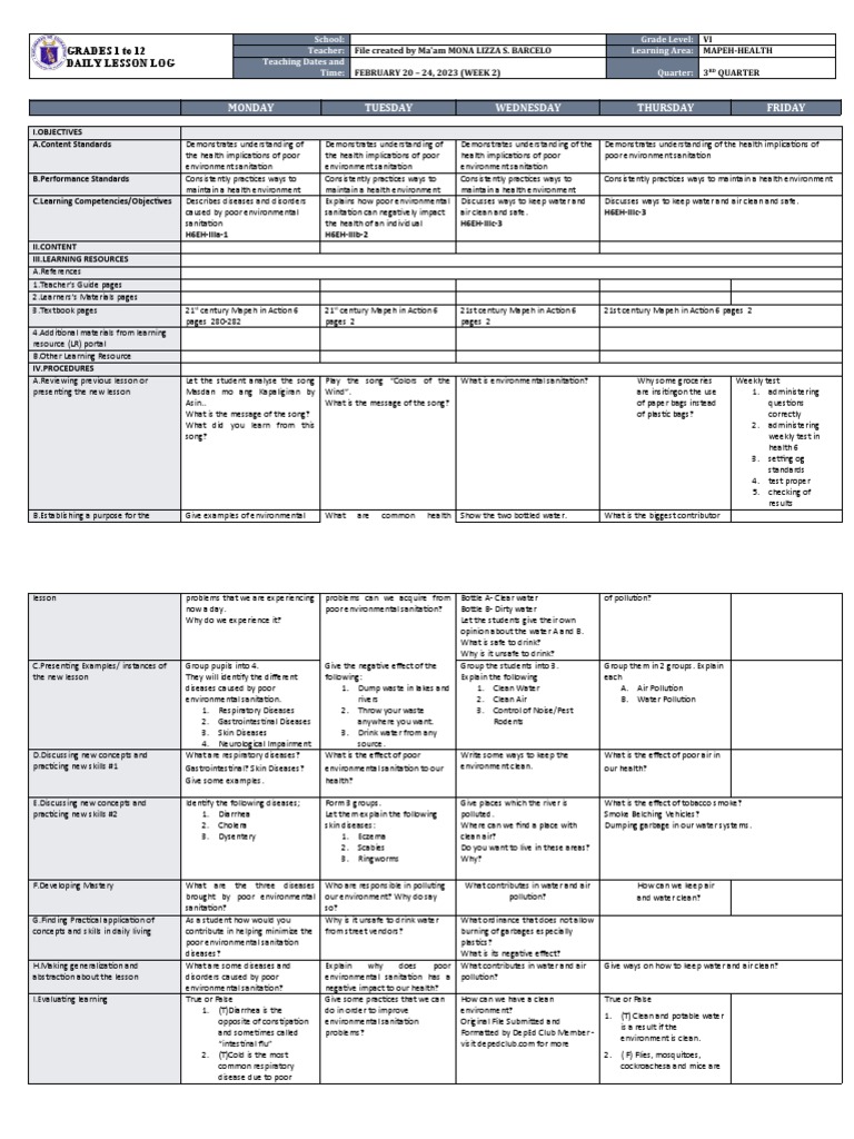 DLL - Mapeh-Health 6 - Q3 - W2 | PDF | Sanitation | Water DLL - Mapeh-Health 6 - Q3 - W2 | PDF | Sanitation | Water