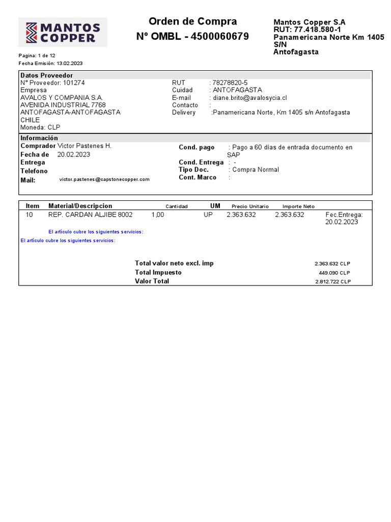Orden de Compra #OMBL - 4500060679: Mantos Copper S.A RUT: 77.418.580-1 ...