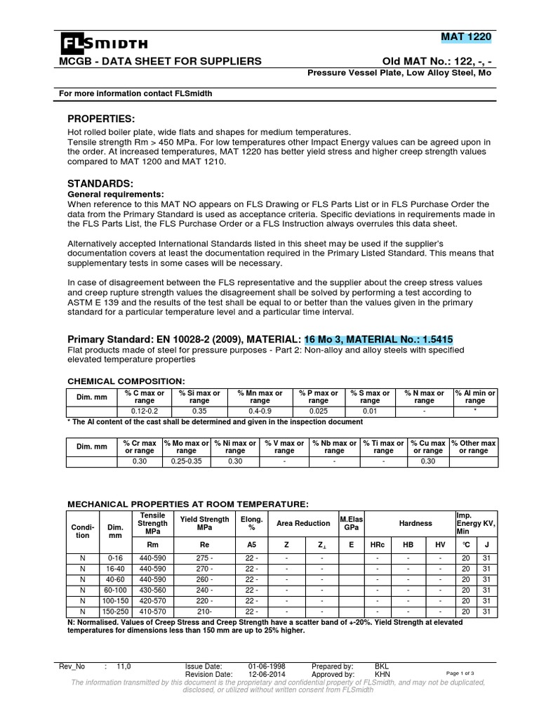 16MO3 Data Sheet PDF | PDF | Sheet Metal | Creep (Deformation)