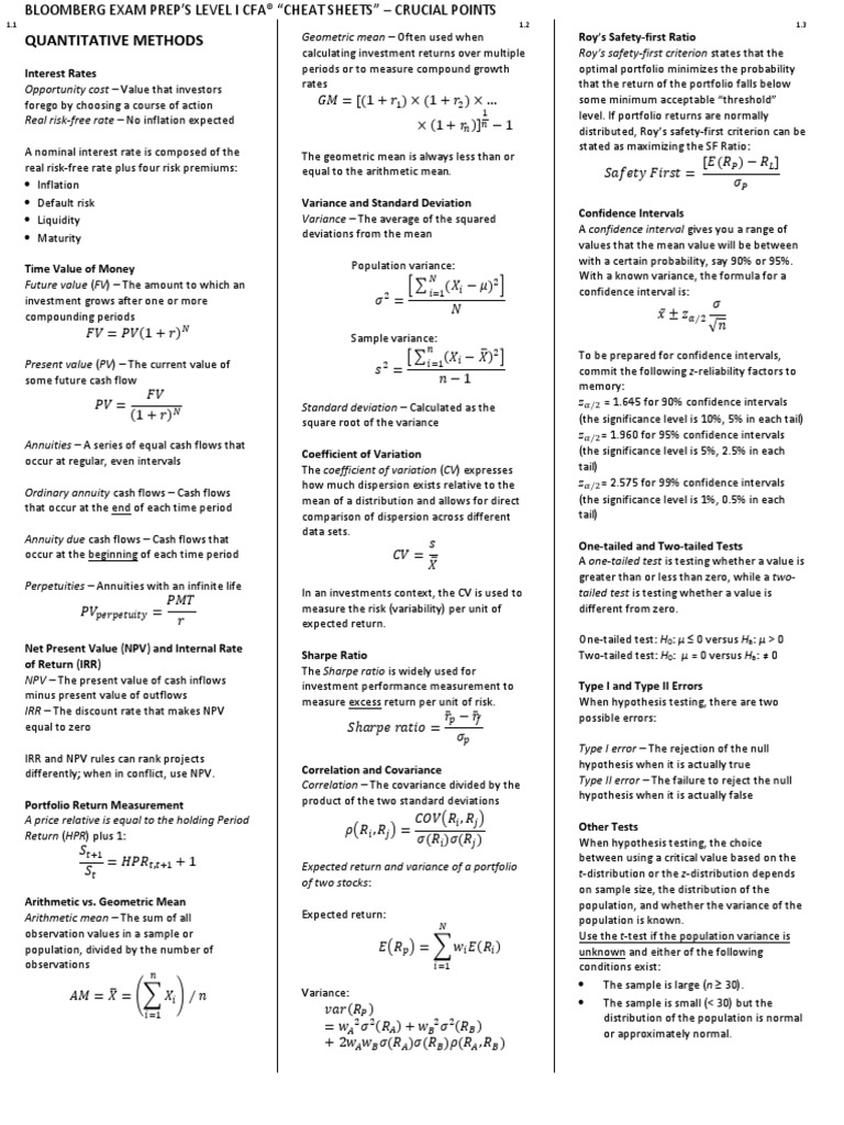 Cheat Sheet (Bloomberg's Level I CFA (R) Exam Prep) PDF | PDF ...
