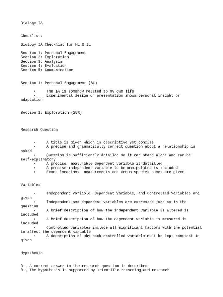 Bio IA Checklist | PDF | Experiment | Statistics
