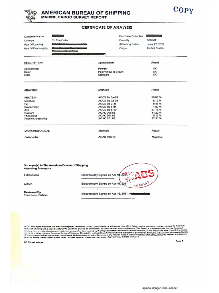 COA Meat Bone Meal Apr 2021 PDF | PDF