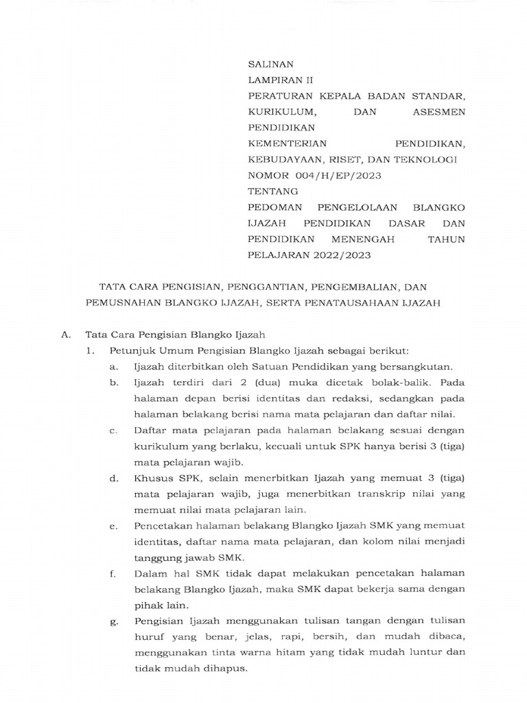 Pedoman Blangko Ijazah 2023 | PDF