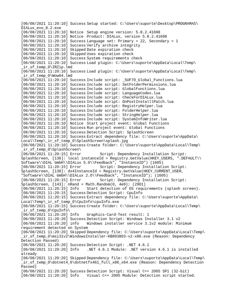 DIALux Setup Log Records Dependency Installations | PDF | 64 Bit Computing | Windows Registry