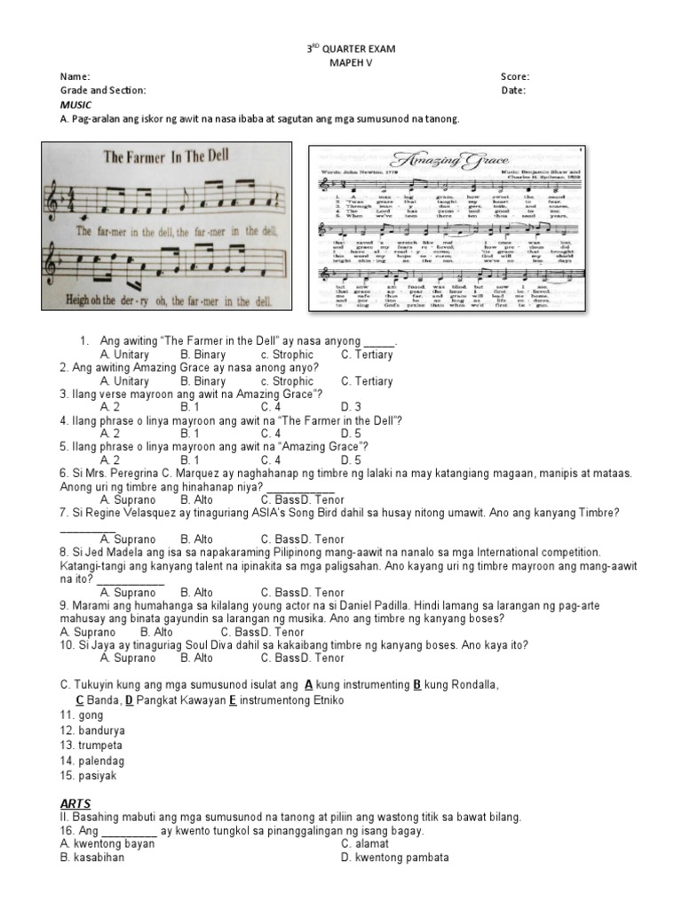 3rd Quarter Exam in MAPEH 5 | PDF