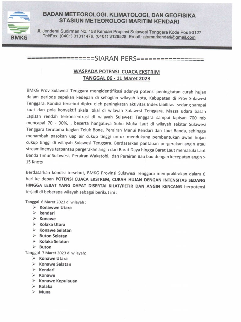 SIARAN PERS CUACA EKSTRIM 6-11 MARET 2023 | PDF