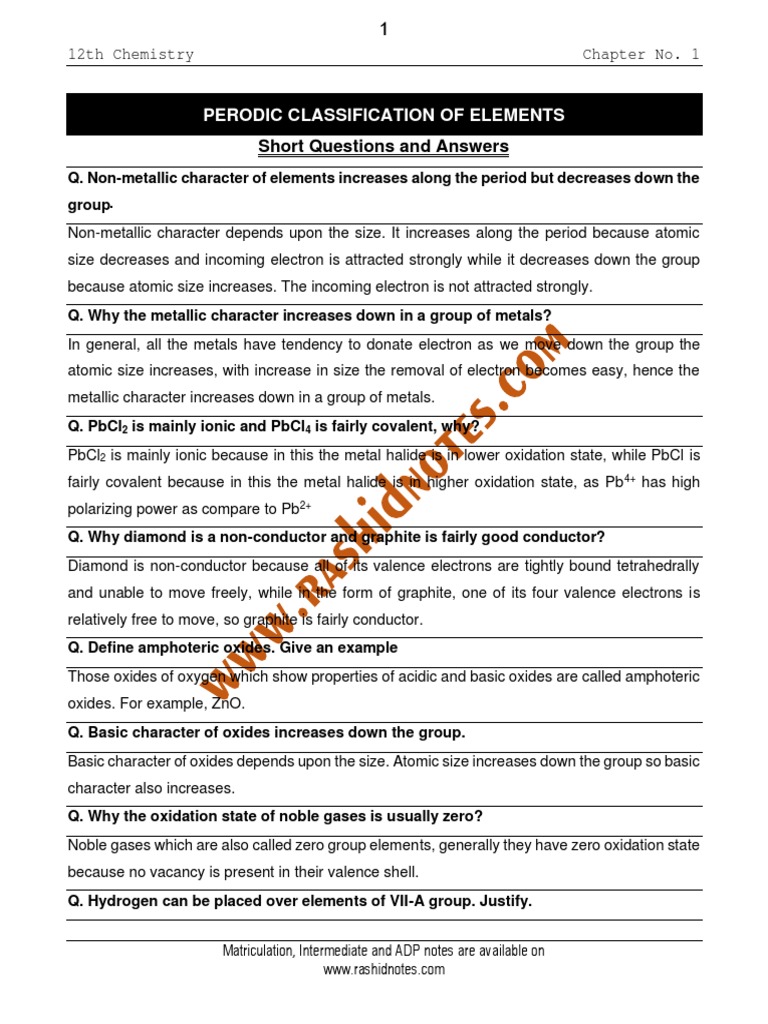 12th Chemistry Chapter 1 Periodic Classification of Elements PDF | PDF | Periodic Table | Ion