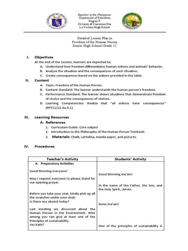 Freedom of The Human Person (DLP) | PDF | Learning | Lesson Plan