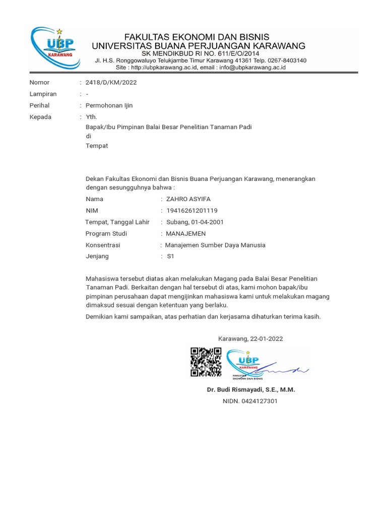 Surat Magang UBP Karawang 1 | PDF