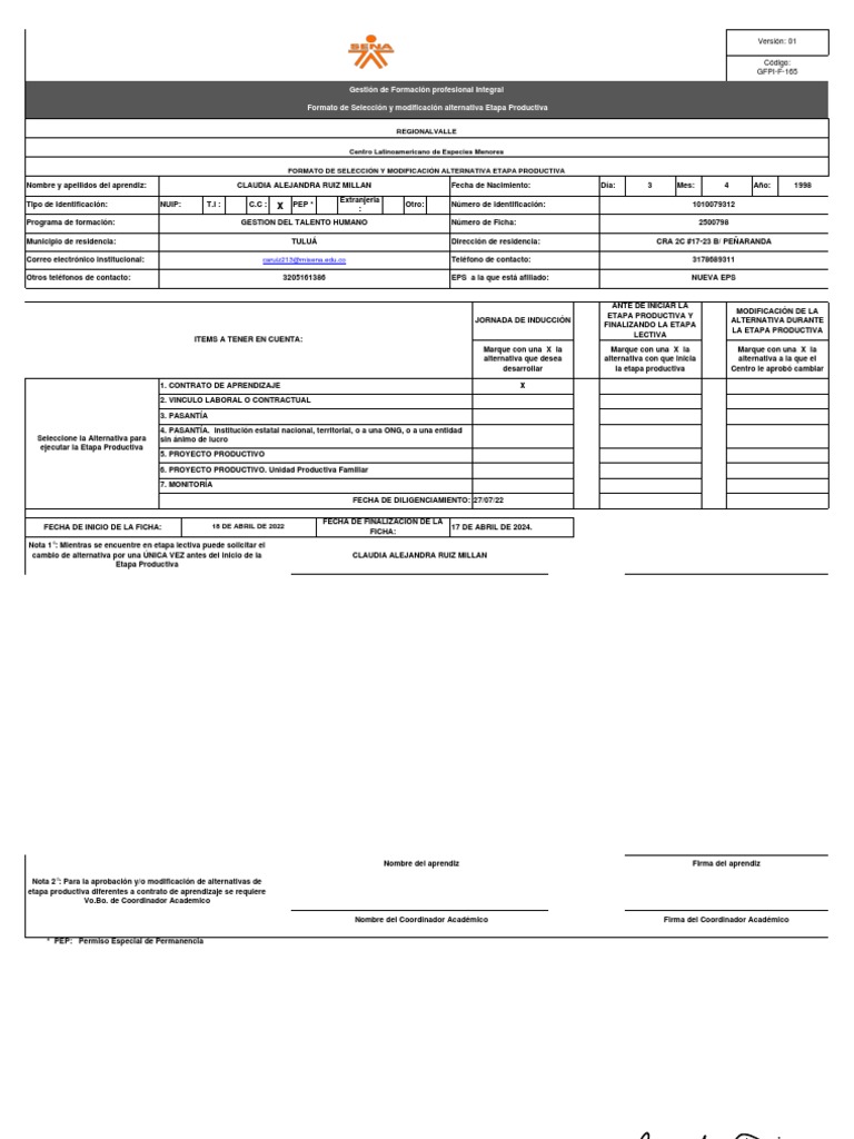 Gfpi-F-165 Selección Modificación Alternativa Etapa Productiva-1 PDF | PDF