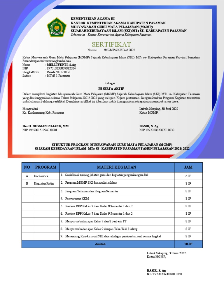 Sertifikat MGMP SKI Draf MELLIYENTI, S.Ag | PDF