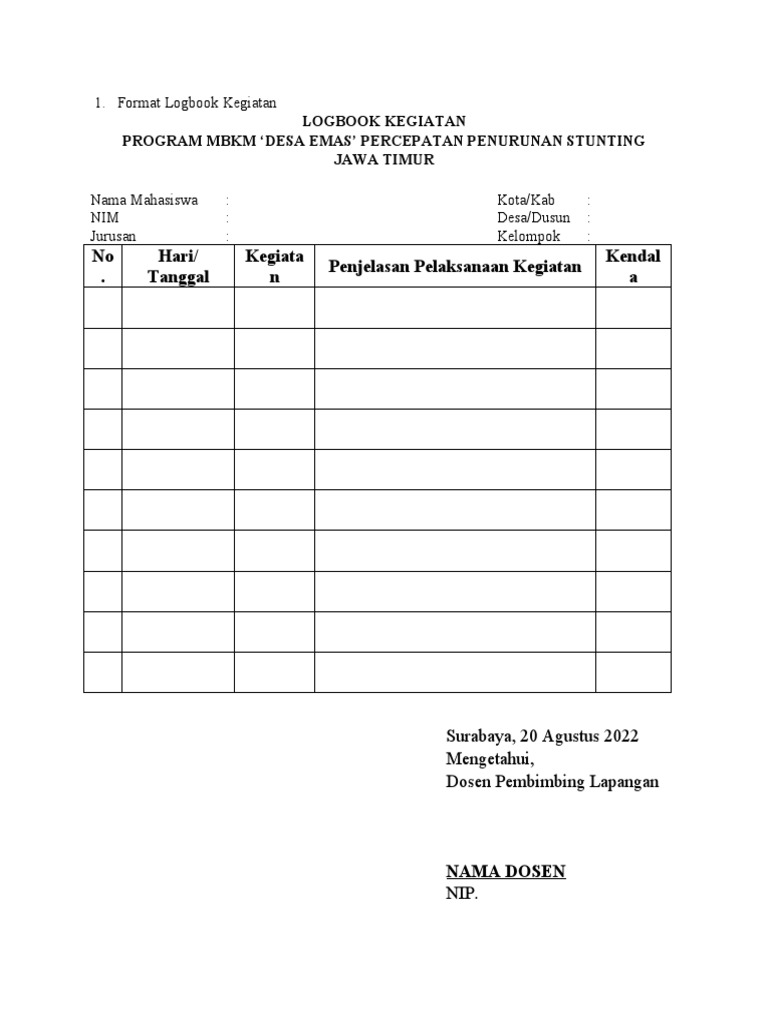 Format Logbook Kegiatan Dan Format Laporan Kegiatan Mahasiswa | PDF