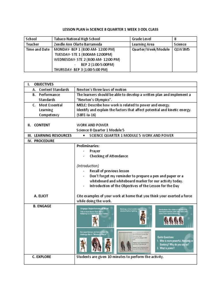 Science 8 Week 3 Lesson Plan: Work & Power | PDF | Pedagogy | Communication