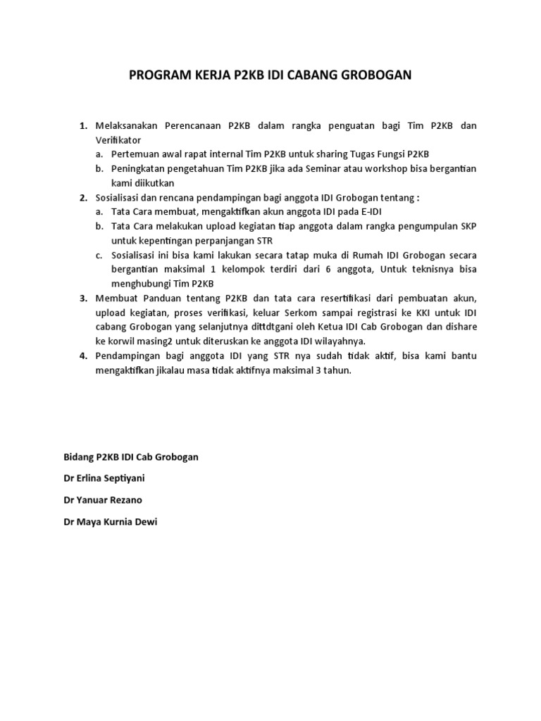 Program Kerja P2KB Idi Cabang Grobogan | PDF