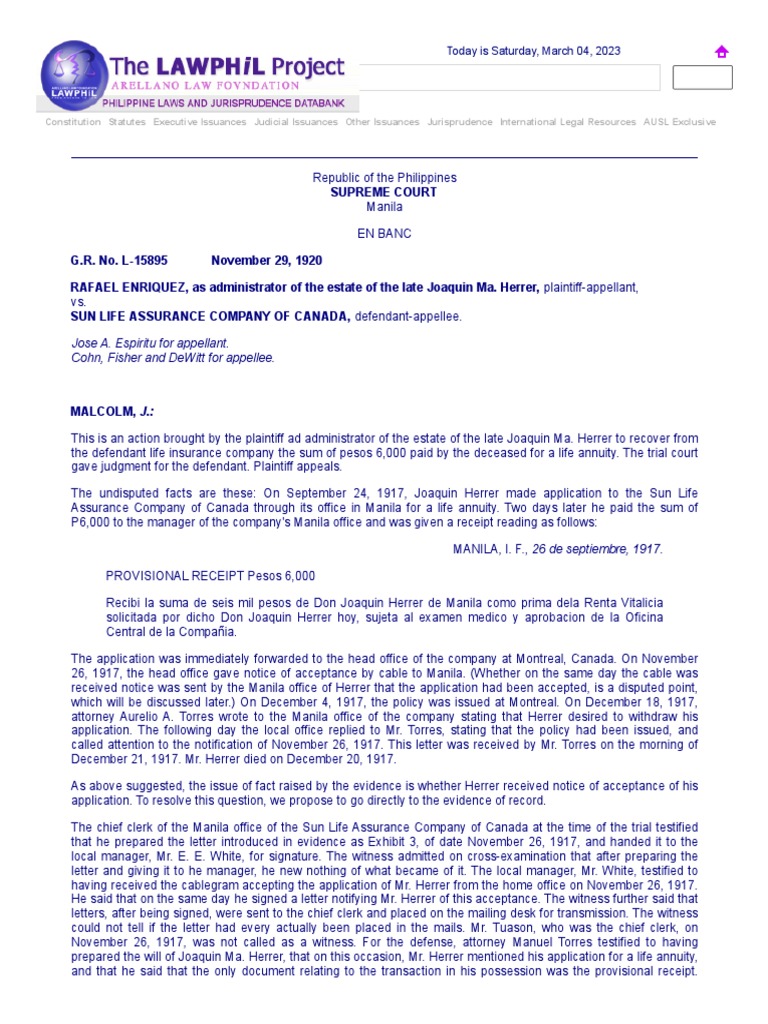 Enriquez v. Sun Life Assurance | PDF | Insurance | Mail