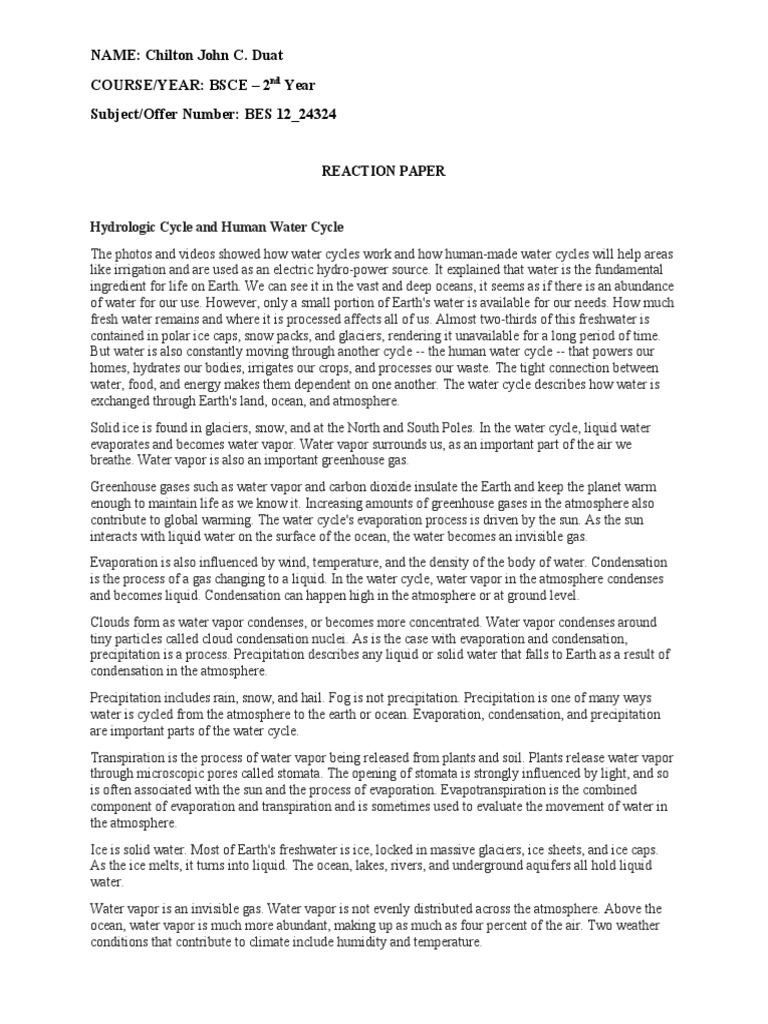 Reaction Paper - Water Cycle | PDF | Water | Water Cycle